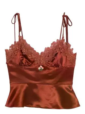 Cynthia Rowley Satin Lace Peplum Top - Brown