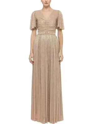 NISSA Sequin Applique Maxi Dress With V-neck And Belted Waist - Neutrals
