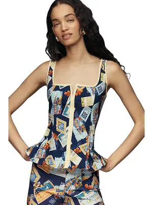 Maeve Sleeveless Square-neck Peplum Tank Top - Orange Pattern