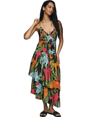 Farm Rio A-line Linen Blend Midi Dress - Black Pattern