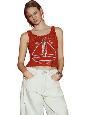 TACH Crochet Cotton Sweater Tank Top - Red