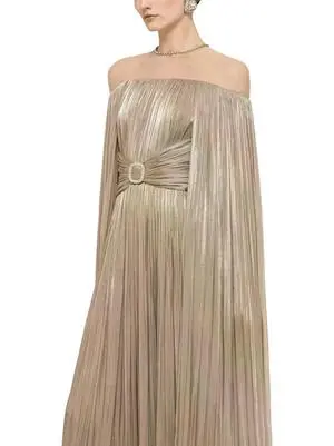 NISSA Embellished Cape Effect Chiffon Maxi Dress - Neutrals
