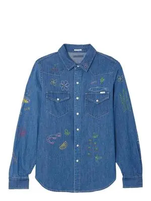 MOTHER All My Eyes Embroidered Denim Shirt Blue
