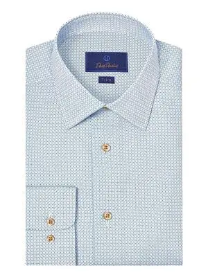 David Donahue Trim Fit Geometric Print Dress Shirt Sky/ Multi