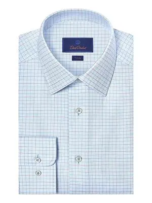 David Donahue Trim Fit Twill Check Dress Shirt - Sky/ Dune