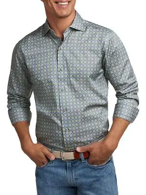 David Donahue Geometric Print Shirt - Blue/ Dune