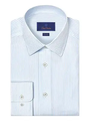 David Donahue Trim Fit Silk Blend Herringbone Stripe Dress Shirt - White/ Sky