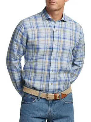 David Donahue Linen Check Shirt - Blue/ Dune