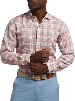 David Donahue Linen Check Shirt - Red/ Multi