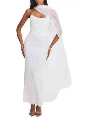 MISS CIRCLE NEW YORK Myra Beaded Mesh Strapless Maxi Dress - White