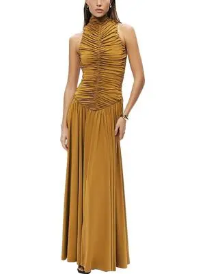 NOCTURNE Ruched High-neck Maxi Dress - Camel