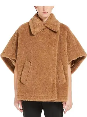 Max Mara Wool And Silk Teddy Poncho Jacket Camel