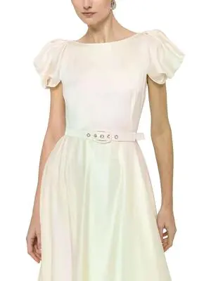 NISSA Belted Puff-sleeve Midi Dress - Neutrals