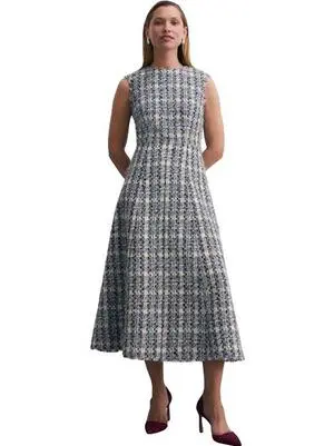 The Fold Tureen Tweed Midi Fit And Flare Dress - Navy