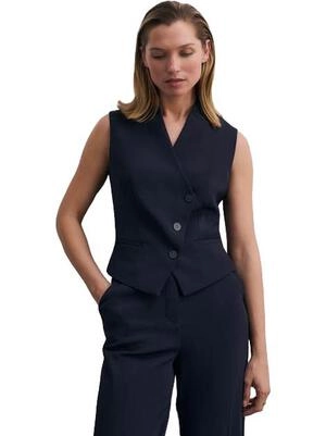 The Fold Draped V-neck Tailored Waistcoat - Navy