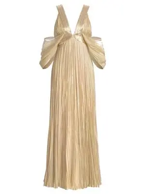 Alberta Ferretti Pleated V-neck Maxi Dress - Neutrals