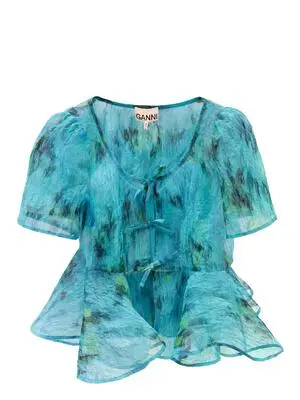 GANNI Printed Peplum Blouse - Blue