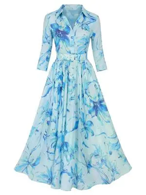 Samantha Sung Aster Floral Print Belted Maxi Dress - Blue