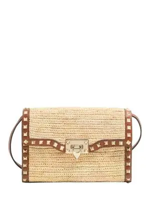 Valentino Garavani Rockstud Raffia Shoulder Bag Neutrals