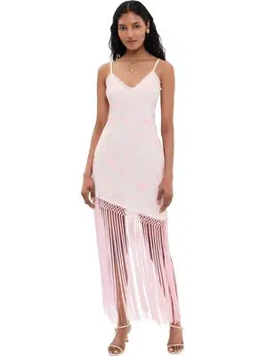LoveShackFancy Evalette Embroidered Floral Maxi Dress With Fringe - Sugar Petal