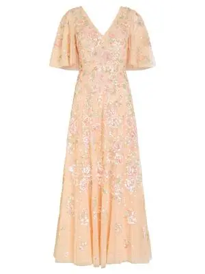 NEEDLE & THREAD Sequin Bouquet Embellished Cape-effect Tulle Gown - Pink