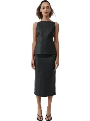 ST. AGNI Woven Leather Square Neck Top - Black