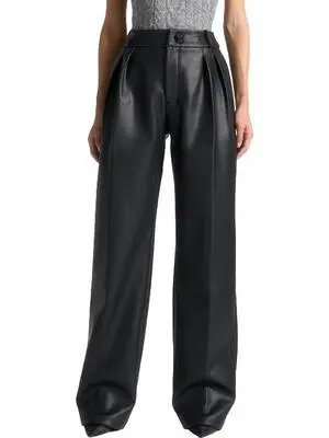 Manière De Voir Pebbled Vegan Leather Pleated Stacked Trousers - Black