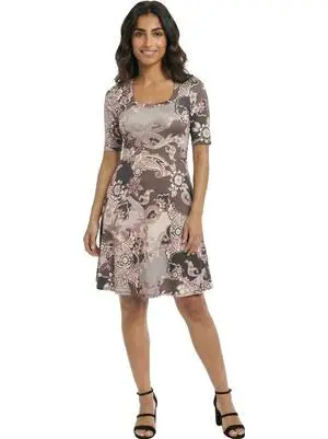 24SEVEN COMFORT APPAREL Paisley Print Scoop Neck Skater Dress - Brown Multi