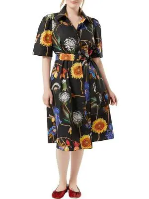 Marina Rinaldi Floral Belted Cotton Shirt Dress - Black