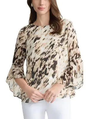 KASPER Printed Ruffle Sleeve Top - Toasted Wheat Multi