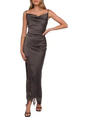 PETAL & PUP Lace Trim Satin Maxi Dress Brown