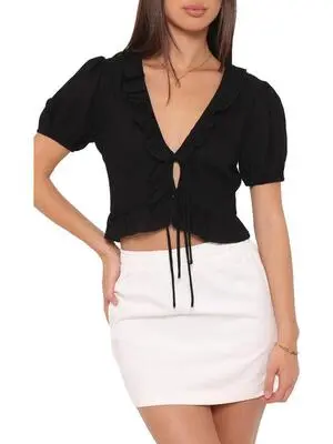PETAL & PUP Tie Front Puff Sleeve Crop Top Black