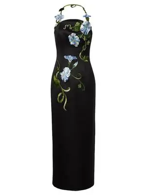 LEO LIN Floral-Appliqué Halterneck Gown Black