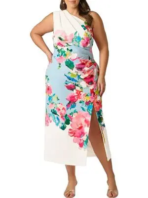 Adrianna Papell Print One-shoulder Gown - Blue Multi