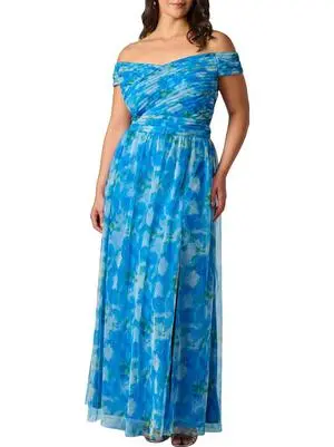 Adrianna Papell Off-the-shoulder Tulle Gown - Blue Multi