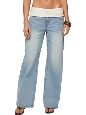 EDIKTED Knit Foldover Low Rise Baggy Jeans - Light-blue