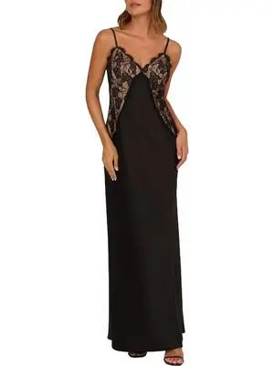 Adrianna Papell Lace Trim Satin Gown - Black
