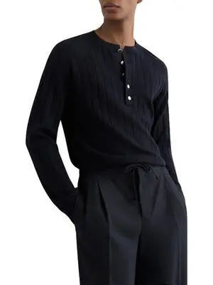 REISS Andres Ribbed Henley Sweater - Navy