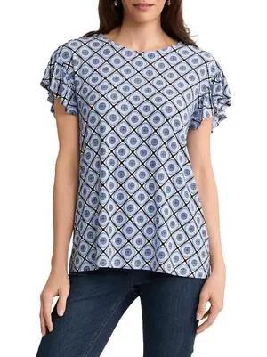 Jones New York Printed Flutter Sleeve Top - Blue Breeze Multi