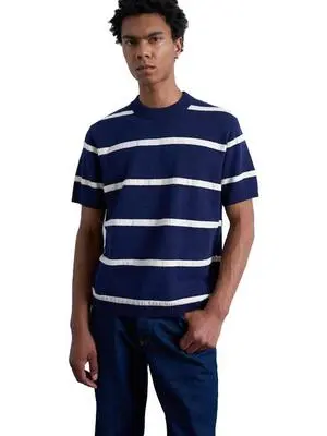 Topman Textured Stripe Short Sleeve Crewneck Sweater - Navy