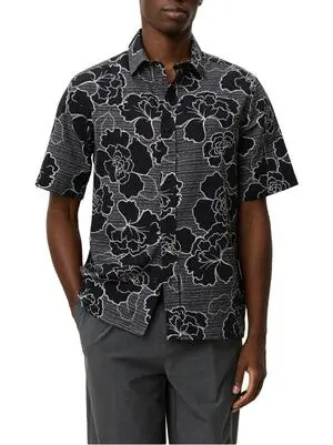 LES DEUX Charlie Poppy Pattern Short Sleeve Knit Cotton Blend Button-up Shirt - Blackdnu