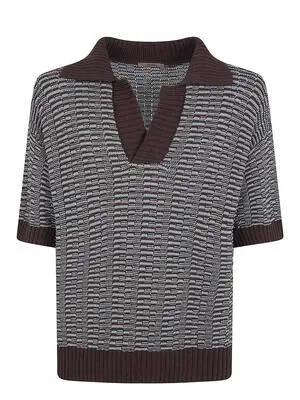 NUUR Two Tone Striped Short Sleeved Polo Neck T-shirt - Brown