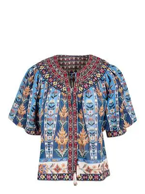 Farm Rio Embroidered Tapestry Short Sleeve Blouse - Blue