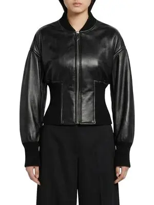 Alaïa Leather Bomber Jacket With Ribbed Waistband - Black