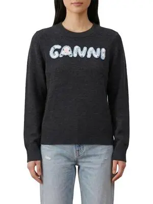 GANNI Crewneck Sweater With Embellished Logo - Charcoal