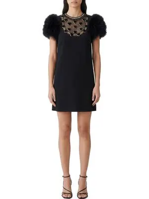 Valentino Garavani Virgin Wool And Silk Mini Dress With Embroidered Sequins And Feather Detail - Black