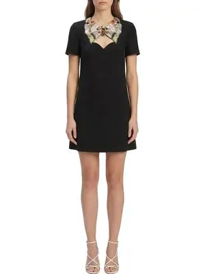 Valentino Garavani Mini Dress In Virgin Wool And Silk With Rhinestones - Black