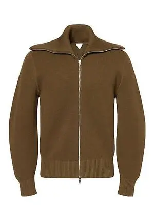 Bottega Veneta Oversized-collar Ribbed Wool-and-cotton Cardigan - Dark Moss