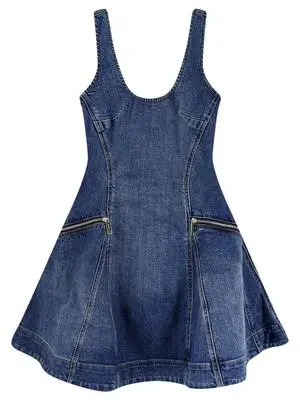 SELF-PORTRAIT Flared Denim Mini Dress - Blue