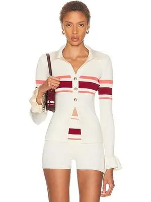 SELF-PORTRAIT Stripe Viscose Knit Button Top - Cream